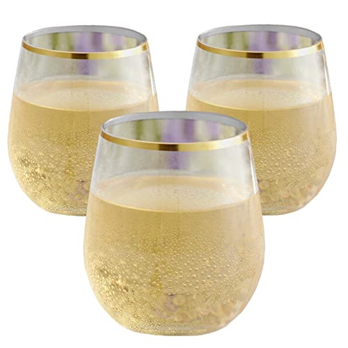 36 piece Disposable Stemless Unbreakable Crystal Clear Plastic Wine Glasses Set of 36 (12 Ounce, Gold Rim)