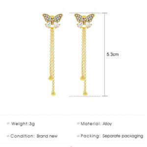 Yheakne Vintage Crystal Butterfly Stud Earrings Gold Long Chain Earrings Thin Drop Chain Earrings Cz Paved Butterfly Earrings Retro Hanging Chain Earrings Jewelry for Women and Girls