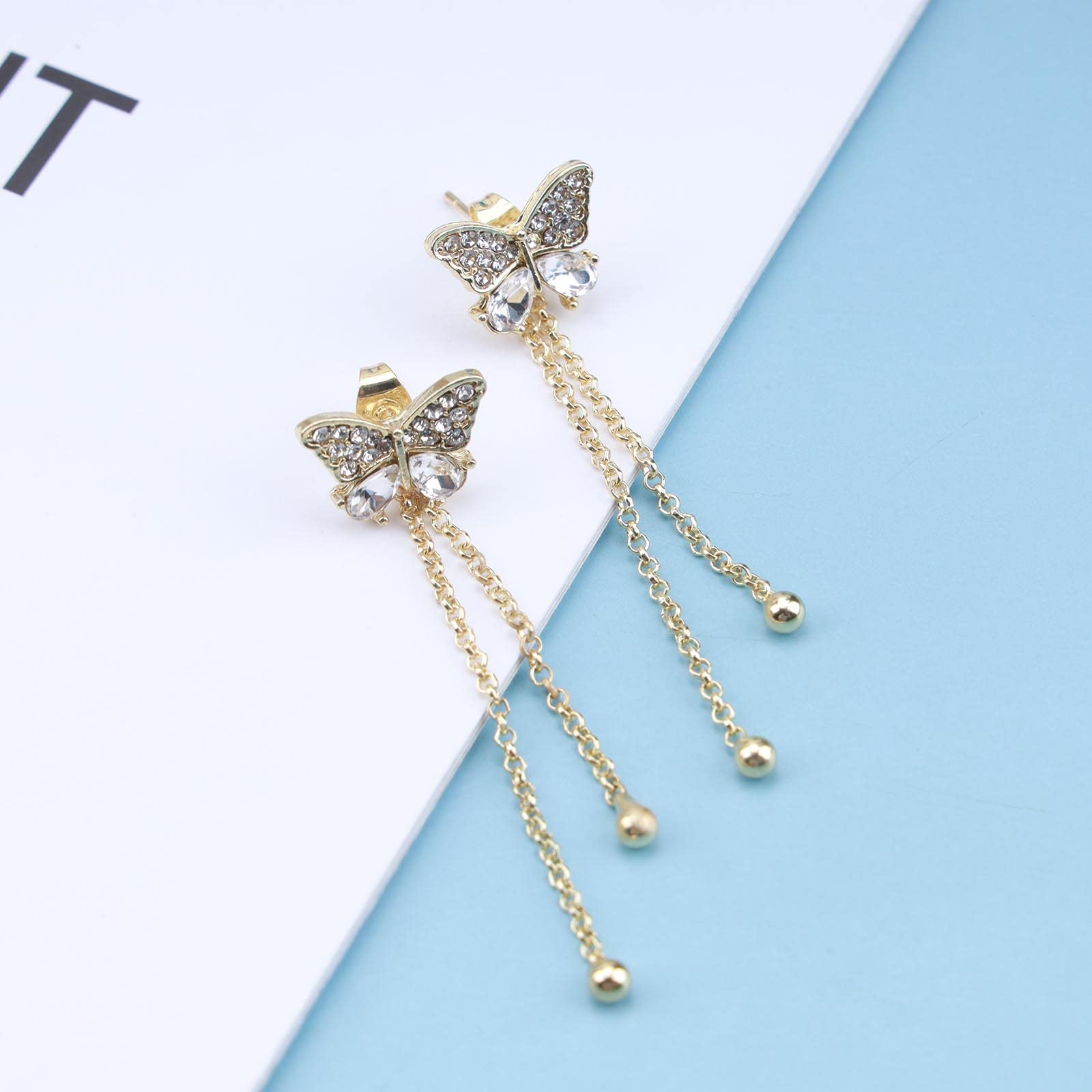 Yheakne Vintage Crystal Butterfly Stud Earrings Gold Long Chain Earrings Thin Drop Chain Earrings Cz Paved Butterfly Earrings Retro Hanging Chain Earrings Jewelry for Women and Girls