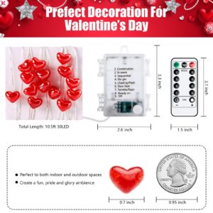 Valentine's Day Red Heart Mini String Lights - 10.5 ft 30 LED Battery Operated Mini Fairy Lights with 8 Modes Timer Remote Waterproof for Outdoor Indoor DIY Bedroom Birthday Wedding Christmas Gift