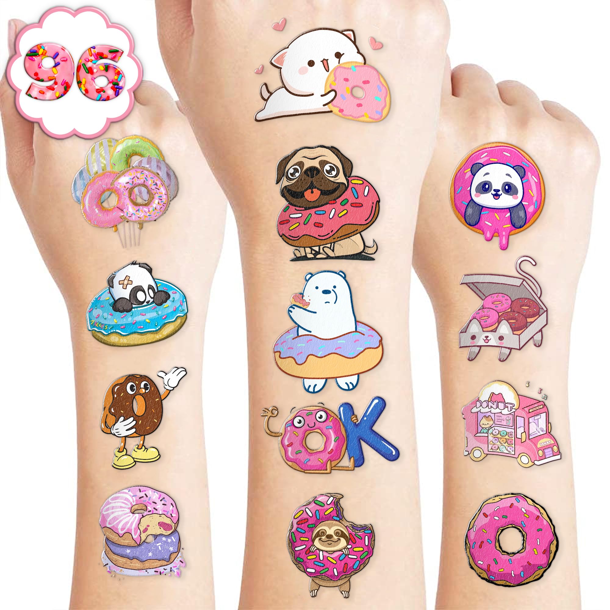 Donut Temporary Tattoos Birthday Party Decorations Supplies Party Favors 96PCS Tattoos Stickers Cute Kids Girls Boys Gifts Classroom School Prizes Themed Christmas