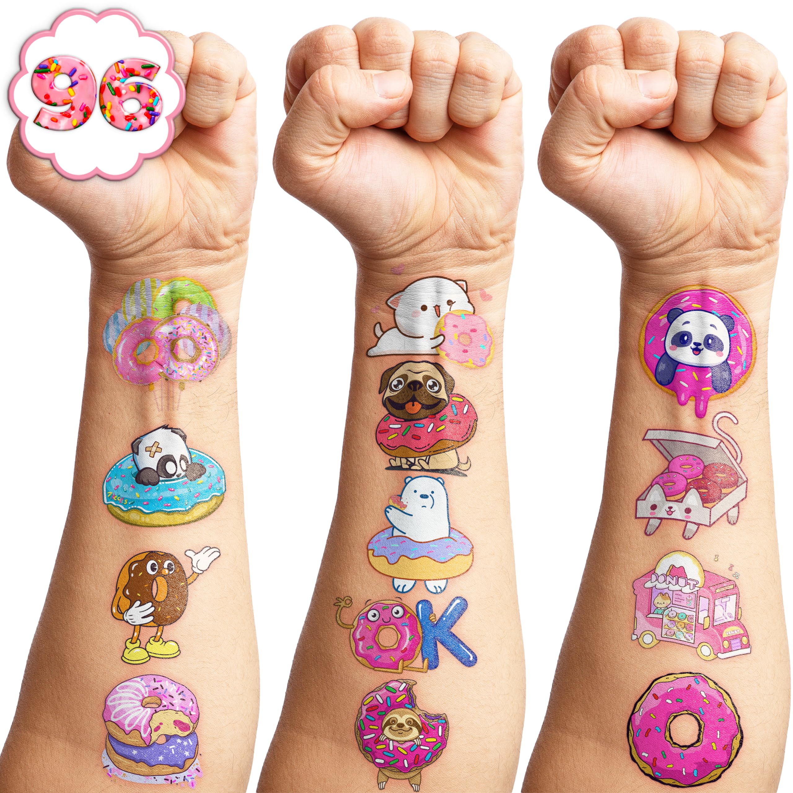 Donut Temporary Tattoos Birthday Party Decorations Supplies Party Favors 96PCS Tattoos Stickers Cute Kids Girls Boys Gifts Classroom School Prizes Themed Christmas