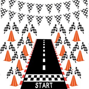 jupozop 39 pcs racing car party decorations&supplies with 12 mini traffic cones, 24 checkered flags on sticks, 2 sets chequered pennant