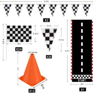 JUPOZOP 39 Pcs Racing Car Party Decorations&Supplies with 12 mini Traffic Cones, 24 Checkered Flags on Sticks, 2 Sets Chequered Pennant