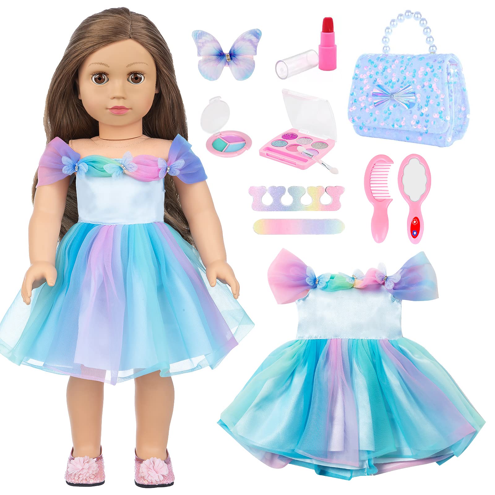 American 18 Inch Doll Clothes and Accessories Makeup Set Fashionable 18 Inch Doll Dress with Sequins Bag Cosmetic Game Set for 18 Inch Doll