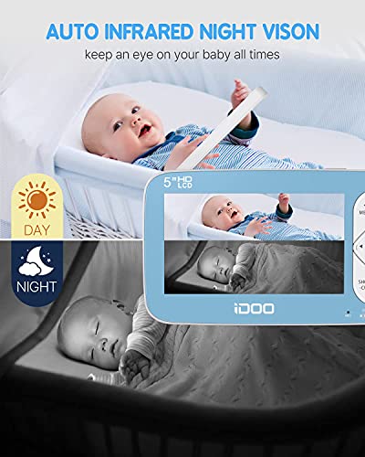 iDOO Baby Monitor, Baby Monitor with Camera and Audio 720P, Baby Monitor no WiFi with Night Vision, 5" HD Display, Remote Pan-Tilt-Zoom, 900 ft Long Range, Two-Way Talk, Room Temperature, Lullabies