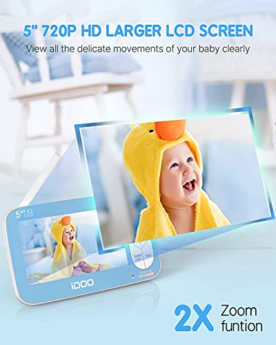 iDOO Baby Monitor, Baby Monitor with Camera and Audio 720P, Baby Monitor no WiFi with Night Vision, 5" HD Display, Remote Pan-Tilt-Zoom, 900 ft Long Range, Two-Way Talk, Room Temperature, Lullabies