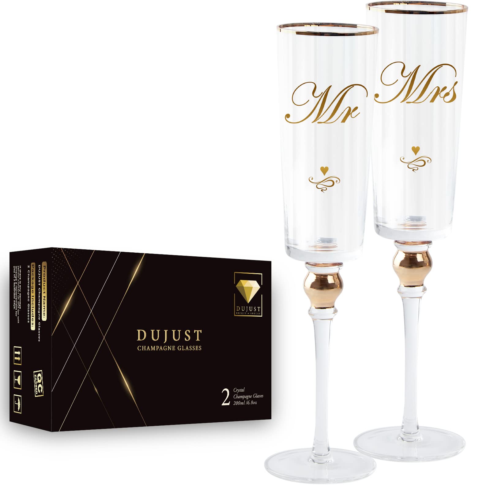 DUJUST Crystal Glass Wedding Champagne Flutes, Mr & Mrs Champagne Glasses with Handcrafted Gold Rim & Diamond Design, Square Bride and Groom Champagne Flutes, Valentine's Day Gift, Gift Package