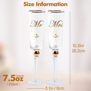 DUJUST Crystal Glass Wedding Champagne Flutes, Mr & Mrs Champagne Glasses with Handcrafted Gold Rim & Diamond Design, Square Bride and Groom Champagne Flutes, Valentine's Day Gift, Gift Package