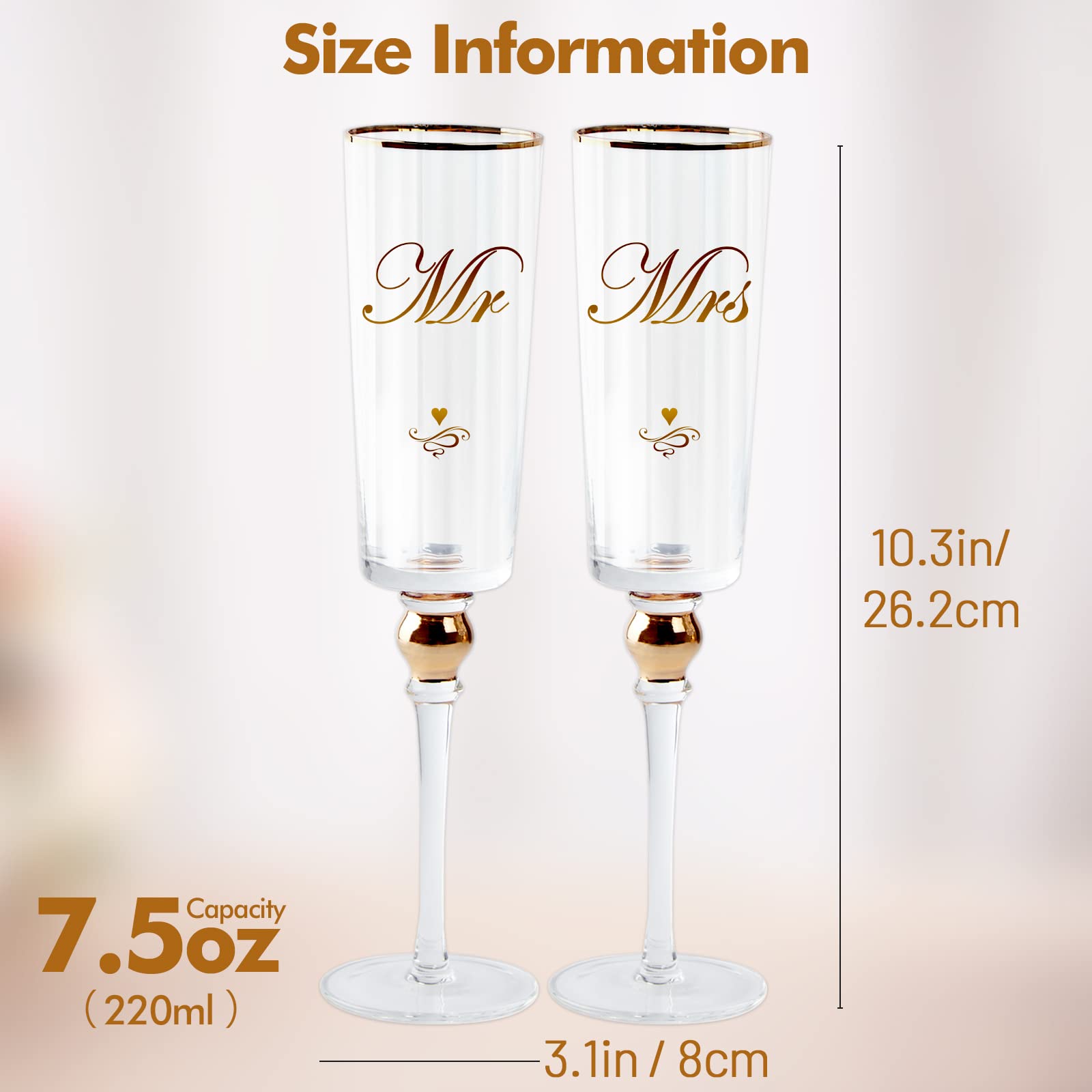 DUJUST Crystal Glass Wedding Champagne Flutes, Mr & Mrs Champagne Glasses with Handcrafted Gold Rim & Diamond Design, Square Bride and Groom Champagne Flutes, Valentine's Day Gift, Gift Package