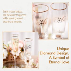 DUJUST Crystal Glass Wedding Champagne Flutes, Mr & Mrs Champagne Glasses with Handcrafted Gold Rim & Diamond Design, Square Bride and Groom Champagne Flutes, Valentine's Day Gift, Gift Package