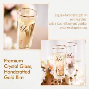 DUJUST Crystal Glass Wedding Champagne Flutes, Mr & Mrs Champagne Glasses with Handcrafted Gold Rim & Diamond Design, Square Bride and Groom Champagne Flutes, Valentine's Day Gift, Gift Package