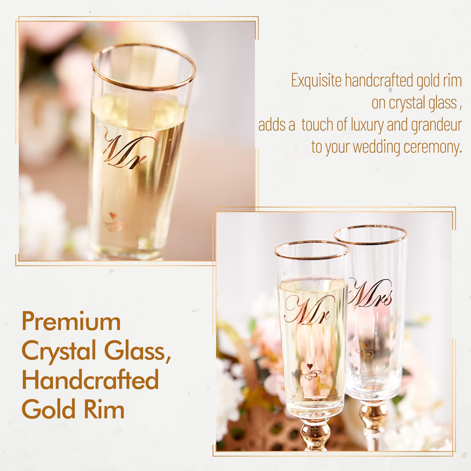 DUJUST Crystal Glass Wedding Champagne Flutes, Mr & Mrs Champagne Glasses with Handcrafted Gold Rim & Diamond Design, Square Bride and Groom Champagne Flutes, Valentine's Day Gift, Gift Package