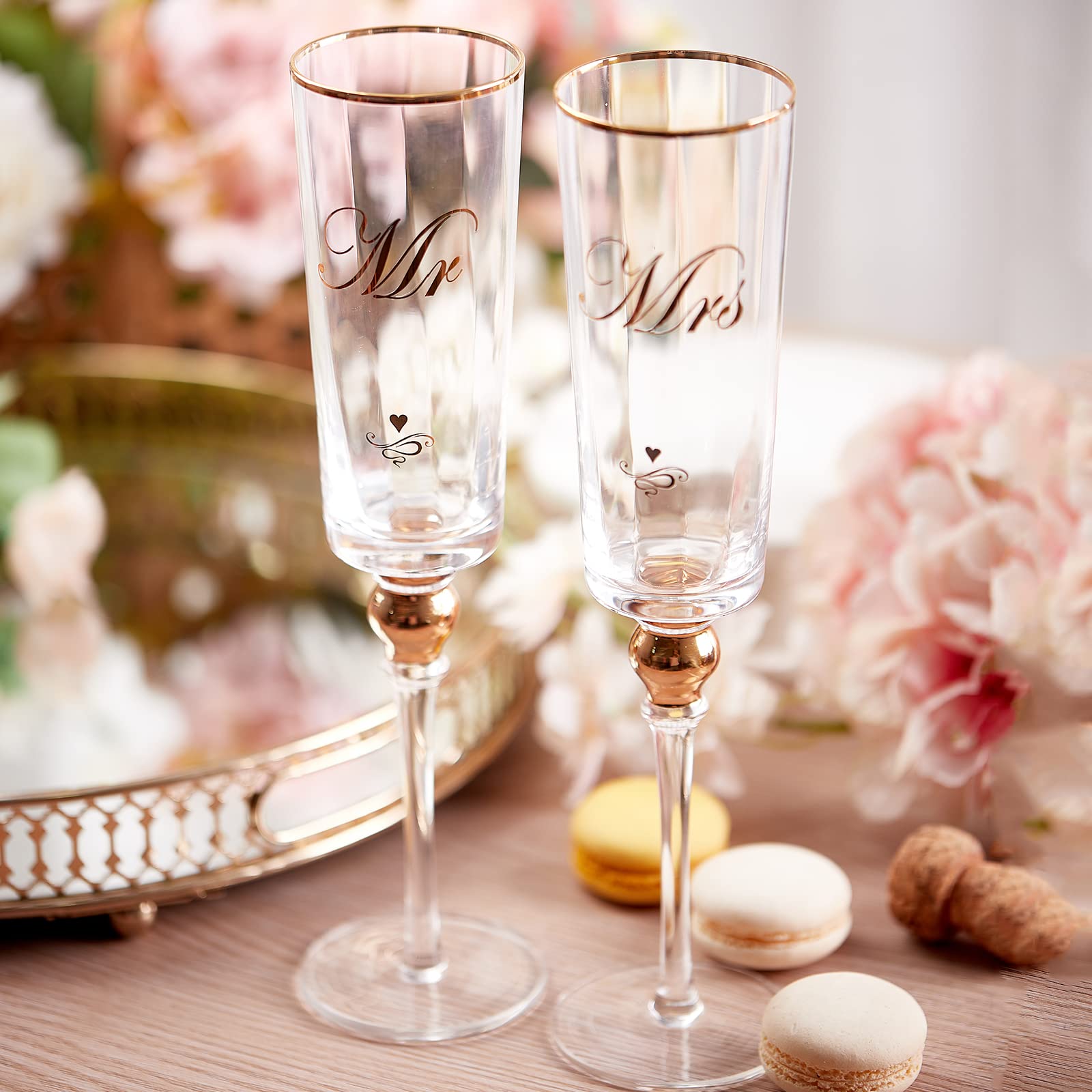 DUJUST Crystal Glass Wedding Champagne Flutes, Mr & Mrs Champagne Glasses with Handcrafted Gold Rim & Diamond Design, Square Bride and Groom Champagne Flutes, Valentine's Day Gift, Gift Package