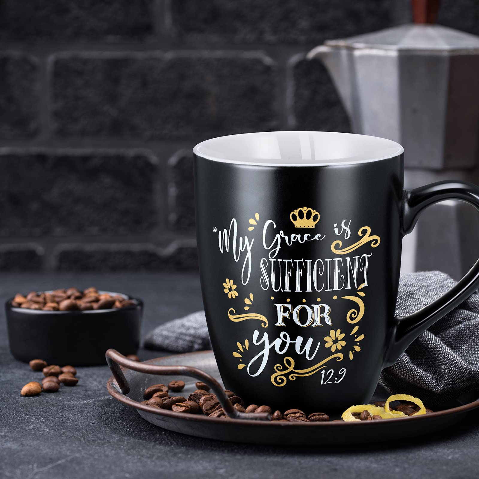 Jinei 4 Pieces Christian Coffee Mugs Religious Inspirational Coffee Mugs Set Stoneware Mugs for Men Women Black Bible Verse Mug Motivational Christmas Christian Encouragement Gifts, 12 oz