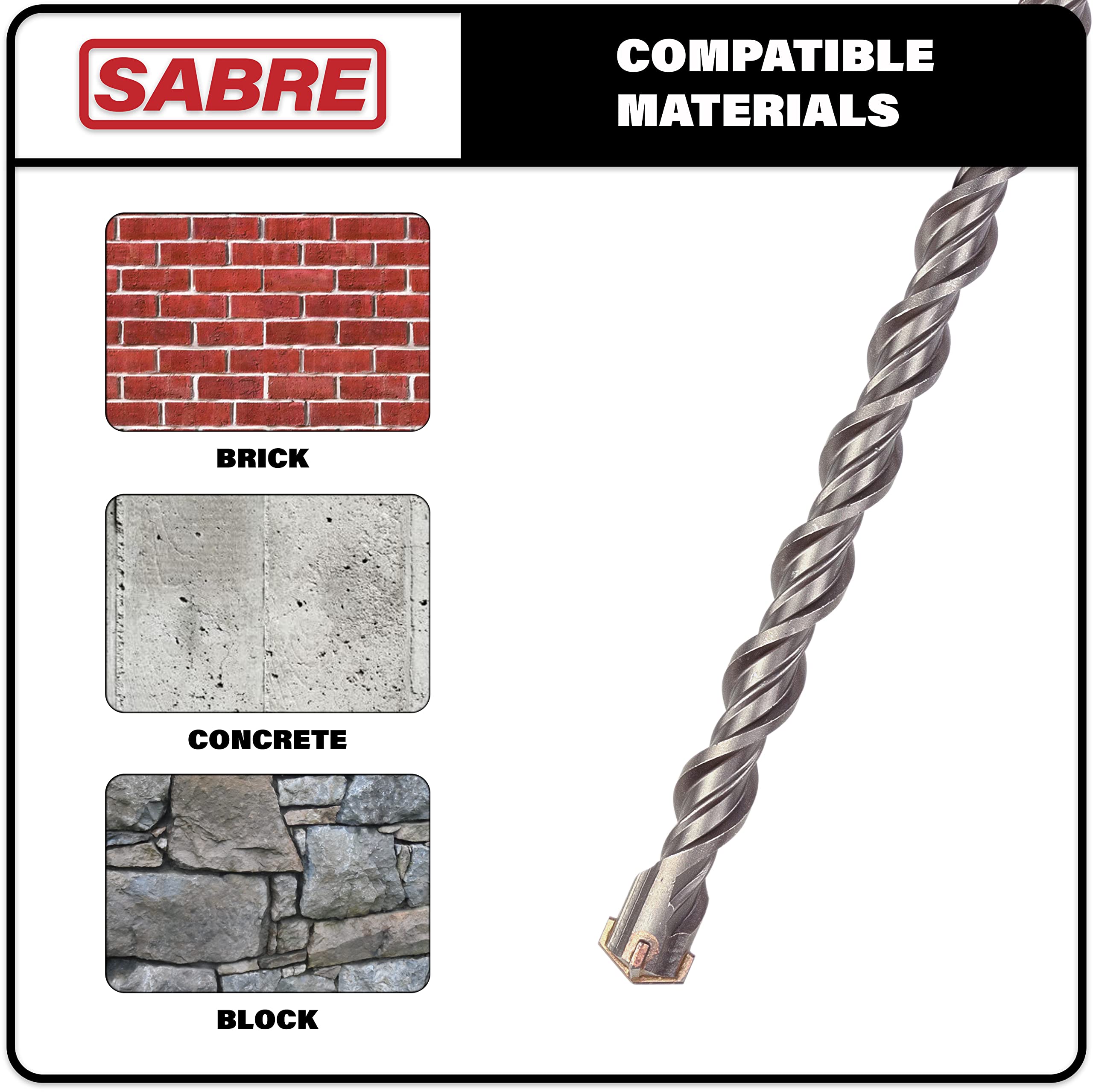 Sabre Tools 1-1/4 Inch x 18 Inch SDS Plus Rotary Hammer Drill Bit, Carbide Tipped for Brick, Stone, and Concrete (1-1/4" x 16" x 18")