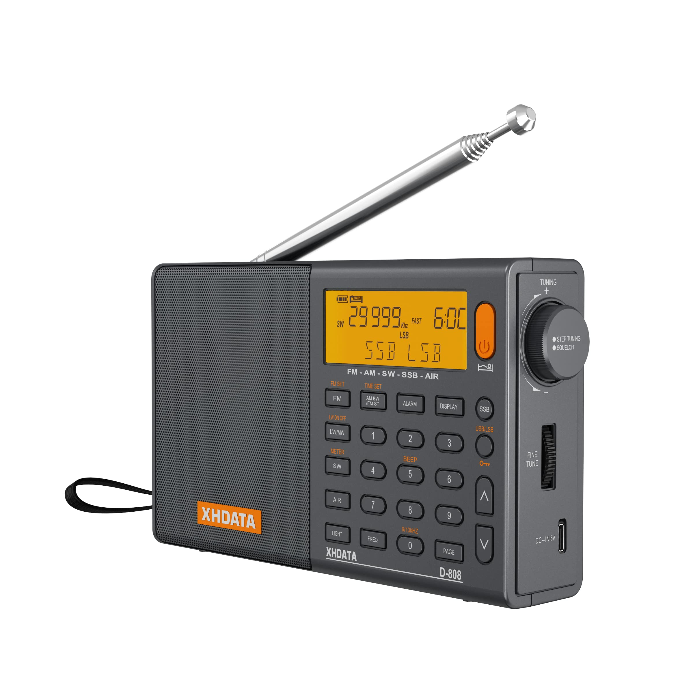 XHDATA D808 Portable AM FM SW LW Air Band Radio SSB RDS Multi Band Radio Speaker with LCD Display Alarm Clock External Antenna Grey