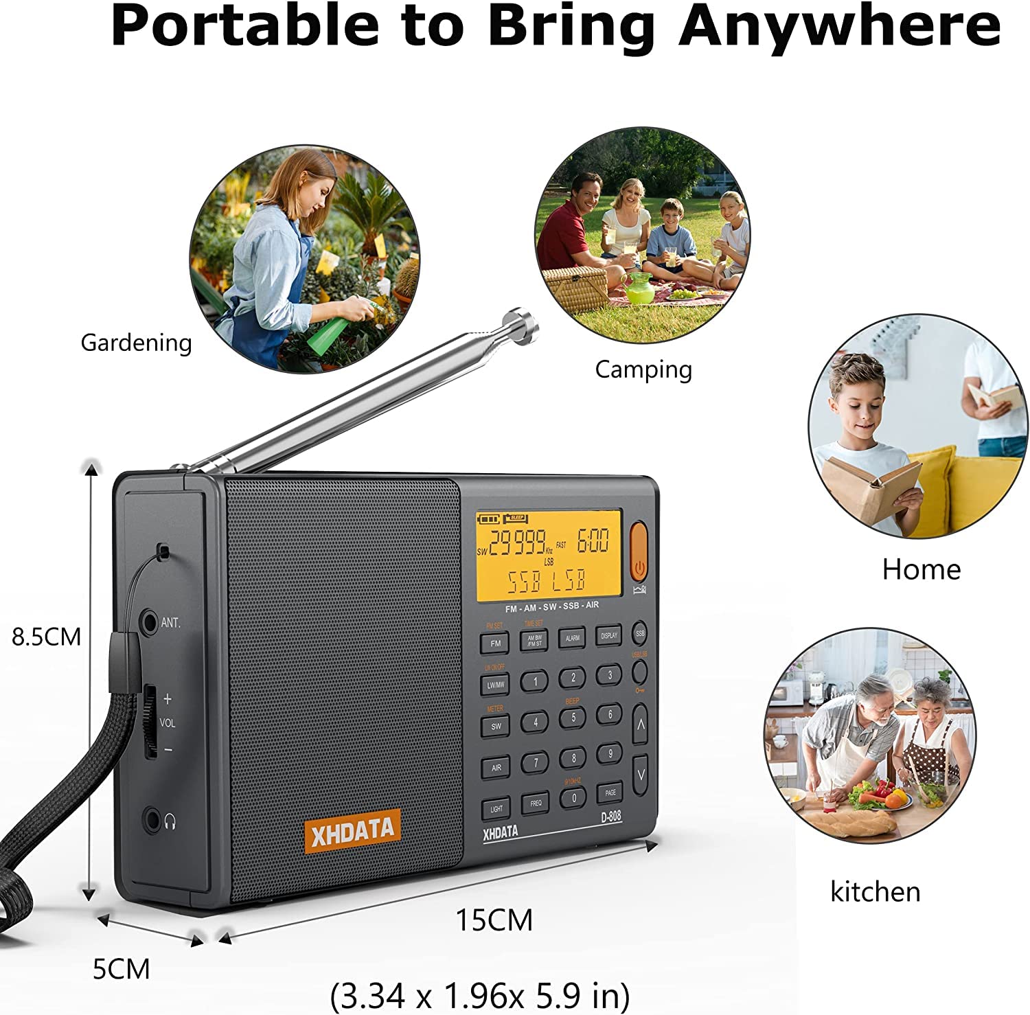 XHDATA D808 Portable AM FM SW LW Air Band Radio SSB RDS Multi Band Radio Speaker with LCD Display Alarm Clock External Antenna Grey