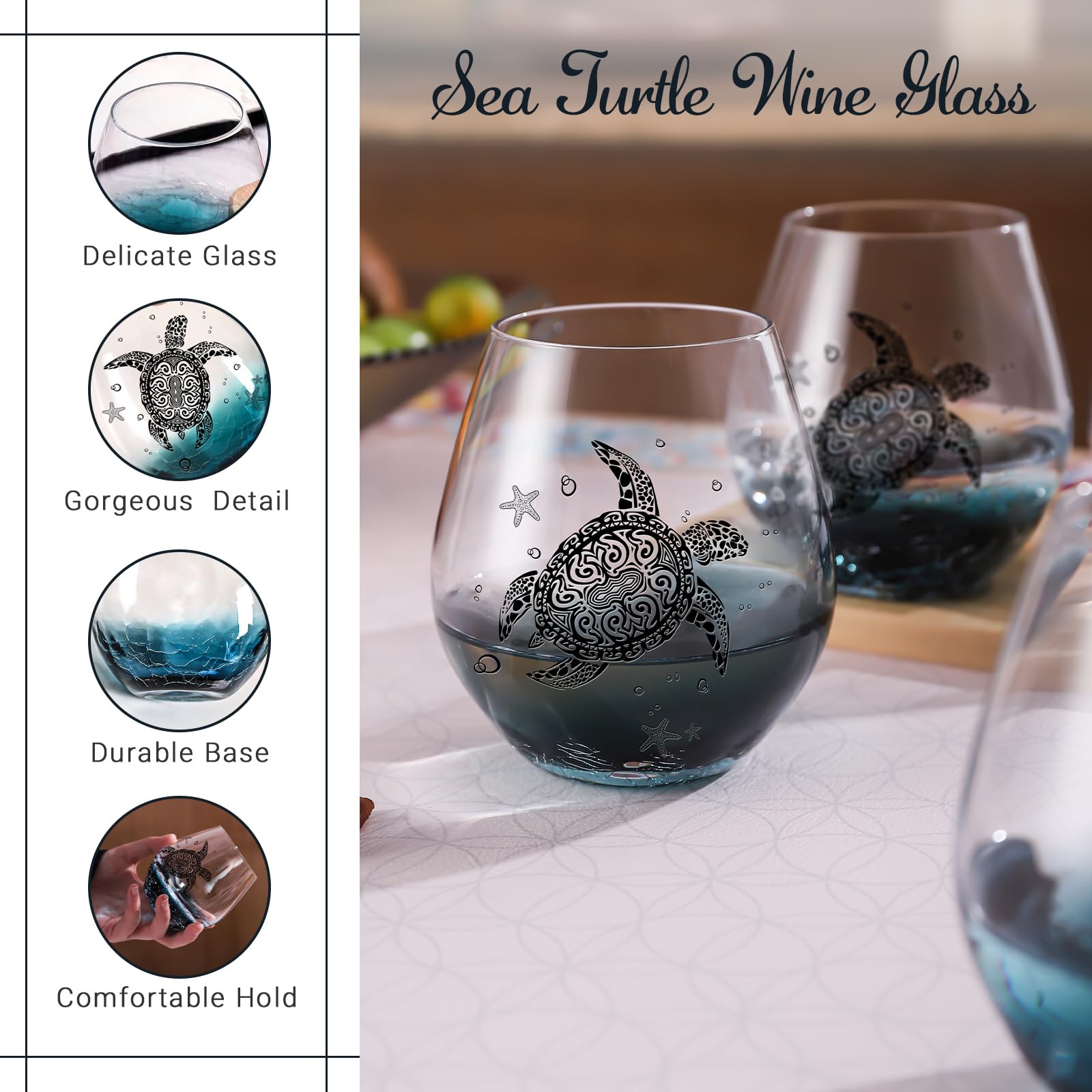 Mothers Day Gift for Women-Sea Turtle Wine Glasses - 13.3 oz Crackle Teal Design, Hand blown Tortoise Wine Tumbler,Sea Turtle Gifts for Women