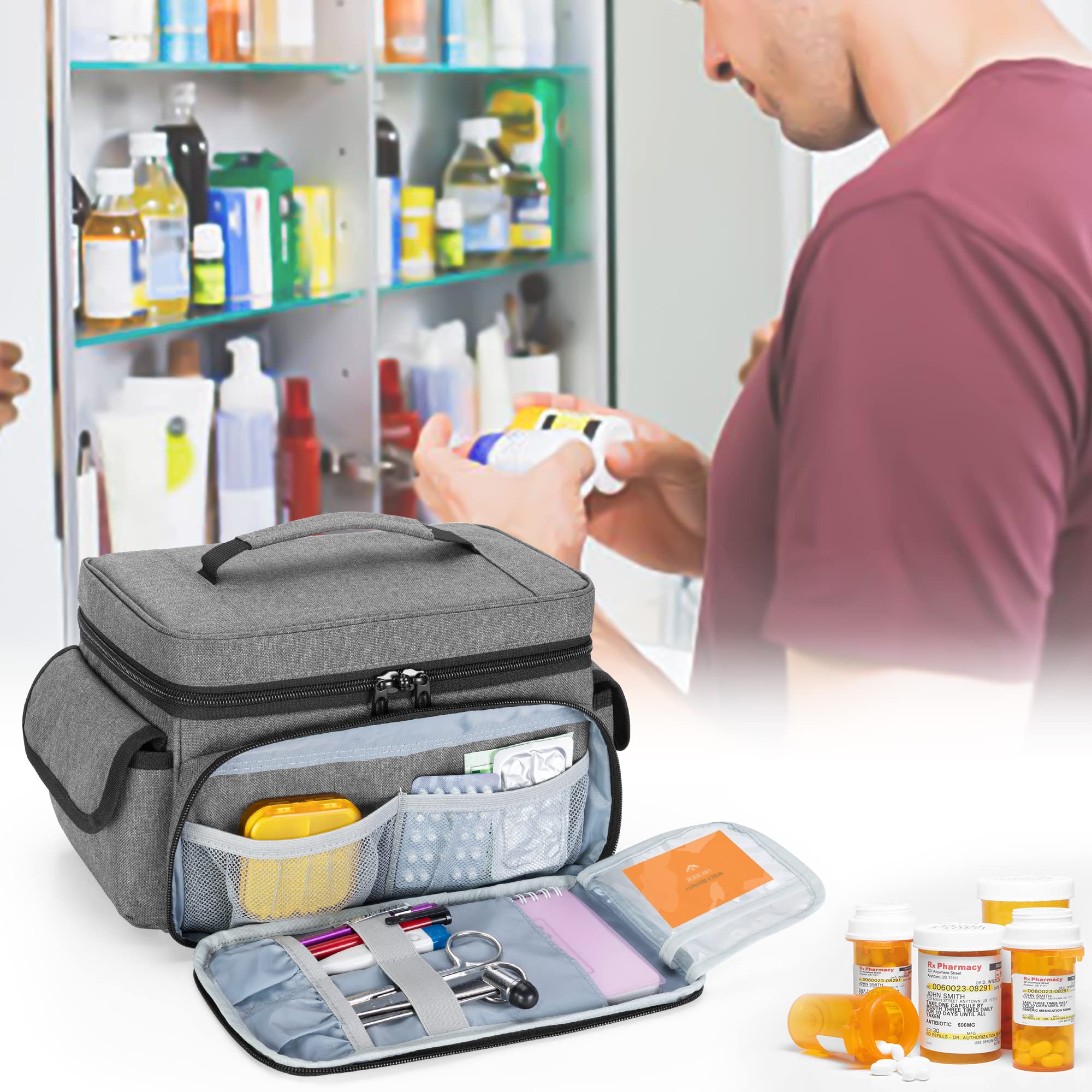 CURMIO Medicine Storage Bag Empty, Lockable Pill Bottle Organizer with Portable Zippered Pouches for First Aid Kits, Medicine Box for Home and Travel, Gray (Patent Pending)