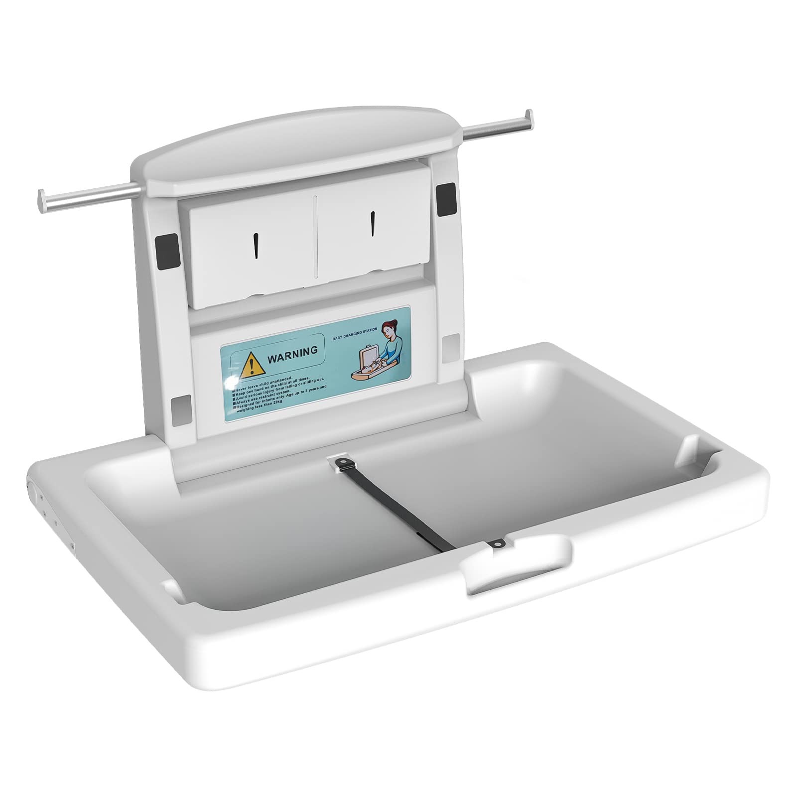 interhasa! Baby Changing Station, Commercial Wall Mounted Fold Down Baby Changing Station with Adjustable Safety Strap, Storage Box,Horizontal-X1001S