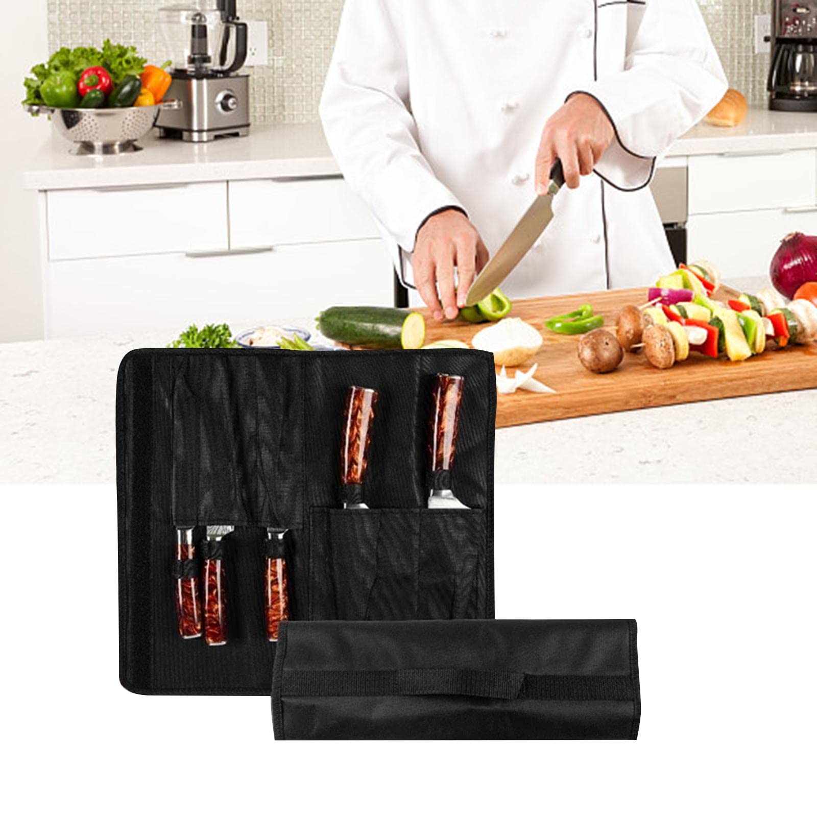 Gazechimp Foldable Chef Roll Bag Black Waterproof 5 Pockets Cutlery Carrier for BBQ