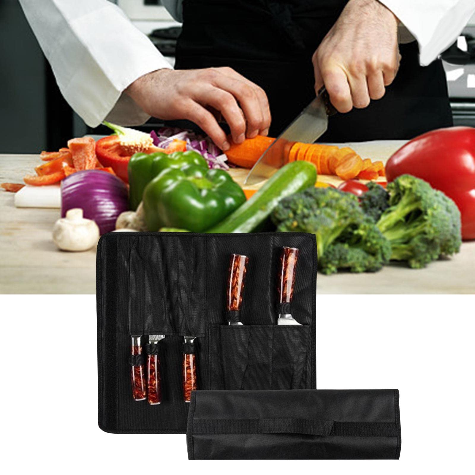 Gazechimp Foldable Chef Roll Bag Black Waterproof 5 Pockets Cutlery Carrier for BBQ