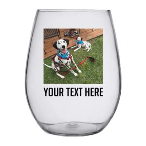 plastic stemless wine cup - custom 15oz printed photo, tritan tumbler gift for birthday, custom wine glass personalized cups with picture, disposable, reusable, shatterproof customized cup, image