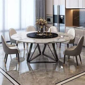 LAKIQ Marble Round Dining Table with Lazy Susan Modern Round Pedestal Dining Table Nordic Kitchen Dining Room Table with 3 Legs for Small Space-Table Only (Black Lazy Susan,59.1"L x 59.1"W x 29.5"H)