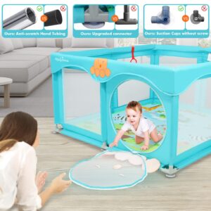 Flying Ideas Baby Playpen with Mat, Cute Baby Play Yards, Baby Playpen for Babies and Toddlers, No Gap Toddler Playpen with Soft-Touch Material, Baby Play Area, 50”×50”, (Blue)