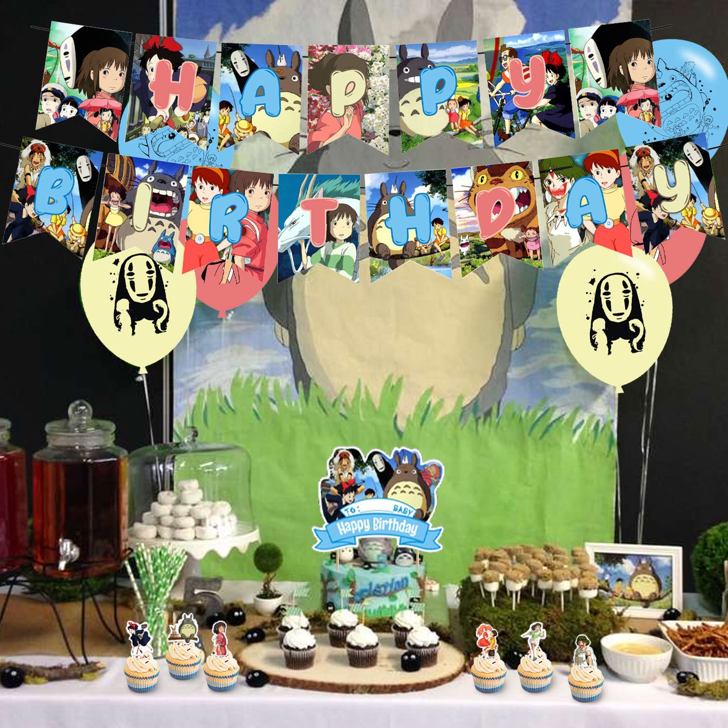 VERSAINSECT i Party Decorations,Birthday Party Supplies For Studio Ghibli Party Supplies Includes Banner - Cake Topper - 12 Cupcake Toppers - 18 Balloons -50 Studio Ghibli Stickers