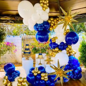 Royal blue and Gold balloon Garland Arch Kit 156Pcs Blue Gold white Starburst balloons for Wedding prince Baby shower for Boy Men birthday decorations Graduation Ceremony supplies