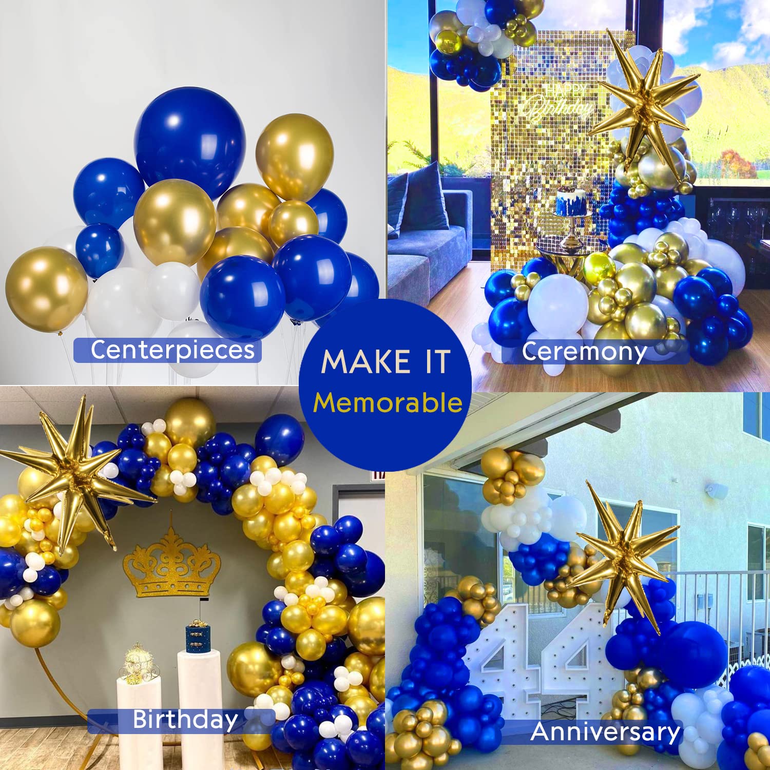 Royal blue and Gold balloon Garland Arch Kit 156Pcs Blue Gold white Starburst balloons for Wedding prince Baby shower for Boy Men birthday decorations Graduation Ceremony supplies