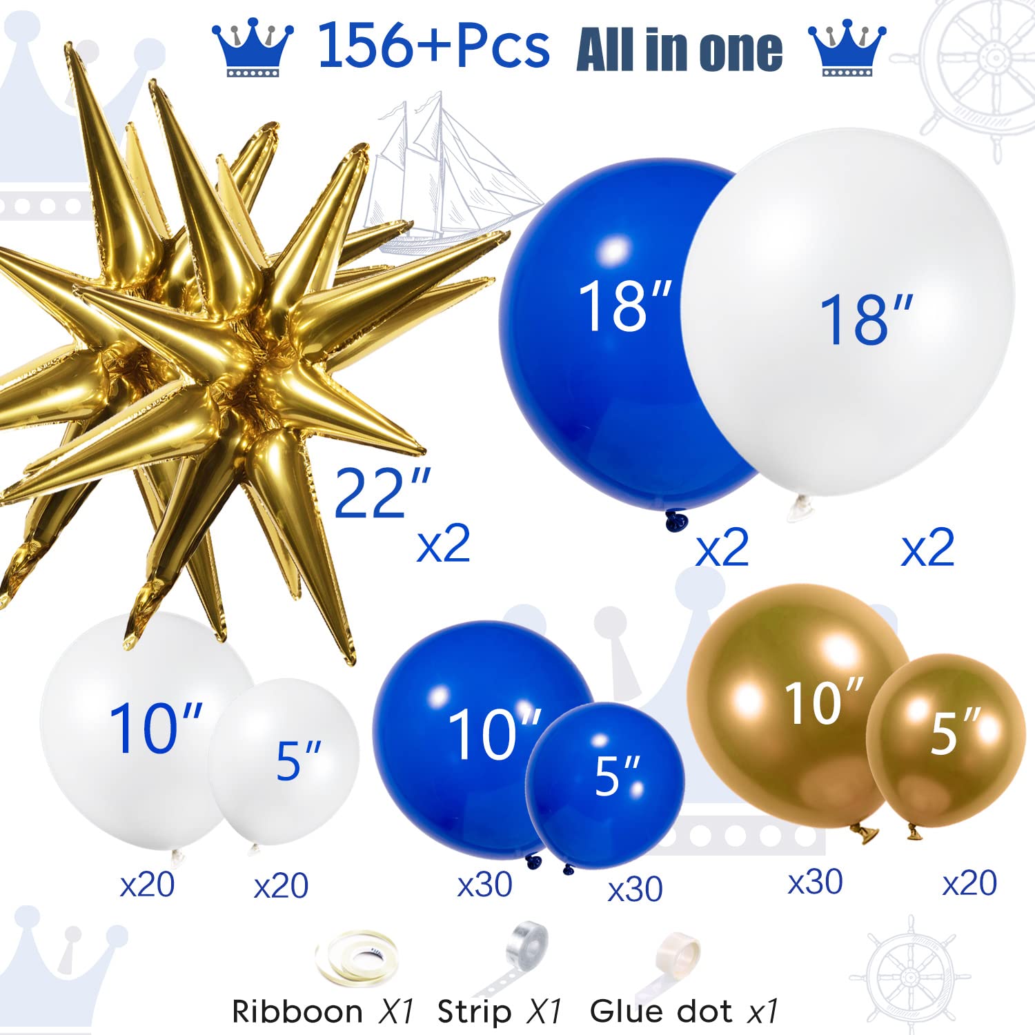 Royal blue and Gold balloon Garland Arch Kit 156Pcs Blue Gold white Starburst balloons for Wedding prince Baby shower for Boy Men birthday decorations Graduation Ceremony supplies