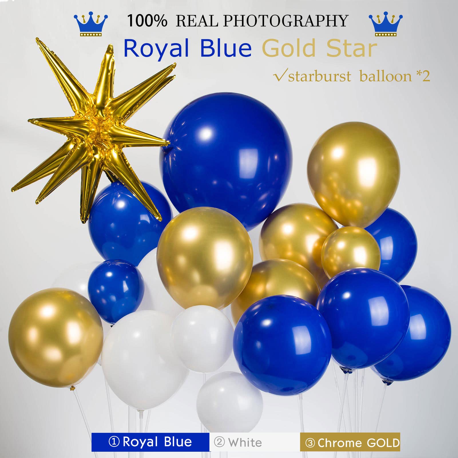 Royal blue and Gold balloon Garland Arch Kit 156Pcs Blue Gold white Starburst balloons for Wedding prince Baby shower for Boy Men birthday decorations Graduation Ceremony supplies