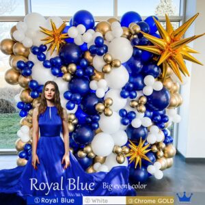 Royal blue and Gold balloon Garland Arch Kit 156Pcs Blue Gold white Starburst balloons for Wedding prince Baby shower for Boy Men birthday decorations Graduation Ceremony supplies