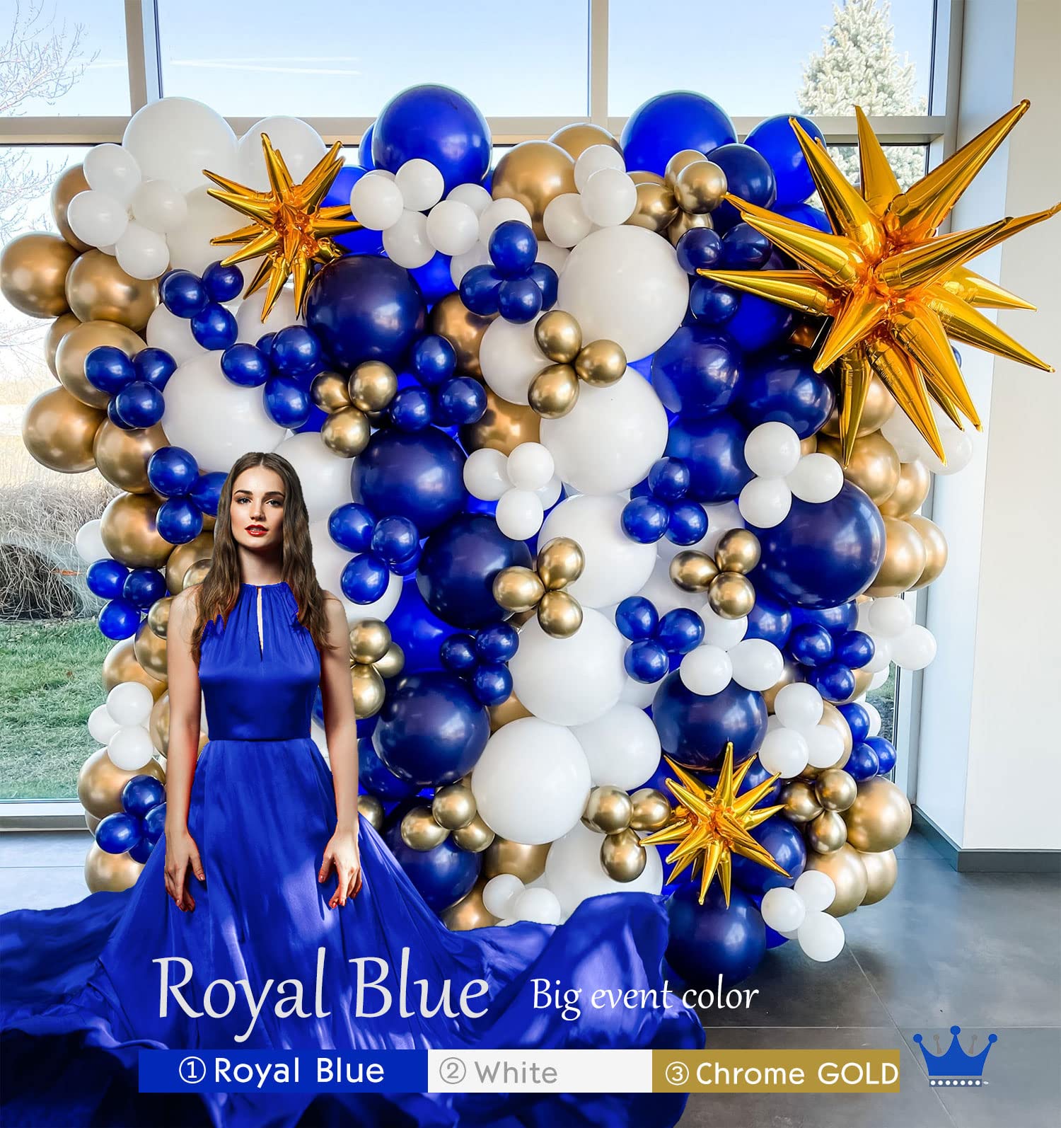 Royal blue and Gold balloon Garland Arch Kit 156Pcs Blue Gold white Starburst balloons for Wedding prince Baby shower for Boy Men birthday decorations Graduation Ceremony supplies