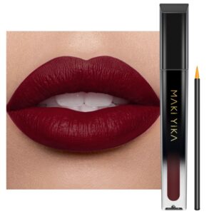 maki yika burgundy red lipstick matte long lasting, dark red liquid lipstick smudge proof, vampy matte lips no transfer, cruelty free | party go