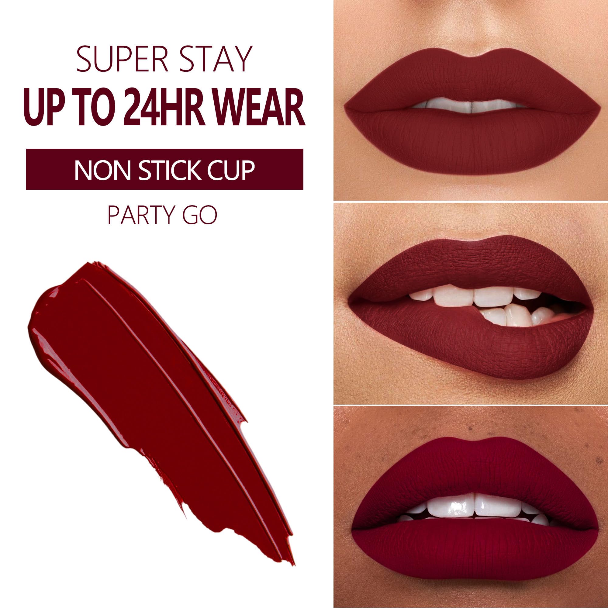 MAKI YIKA Burgundy Red Lipstick Matte Long Lasting, Dark Red Liquid Lipstick Smudge Proof, Vampy Matte Lips No Transfer, Cruelty Free | PARTY GO