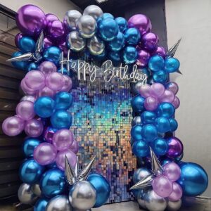 Chrome Purple and Blue Balloon Garland Arch Kit 130Pcs Double stuffed lilac Silver Metallic Balloons For 2023Graduation Galaxy Space Theme Video Game for Euphoria Party women birthday decorations