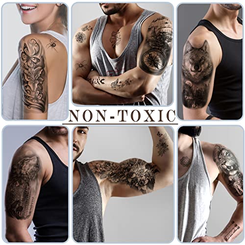 77 Sheets Temporary Tattoo for Men and Women, 17 Sheets Half Arm Chest Shoulder Fake Tattoos, 60 sheets Tiny Black for Adults, Waterproof Realistic Tattoos Long-Lasting