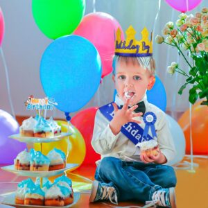 Aprince Birthday Boy Crown Hat Gold, Birthday Sash and Button Pins, Cake Topper Party Decorations Set for Birthday Boys Kids