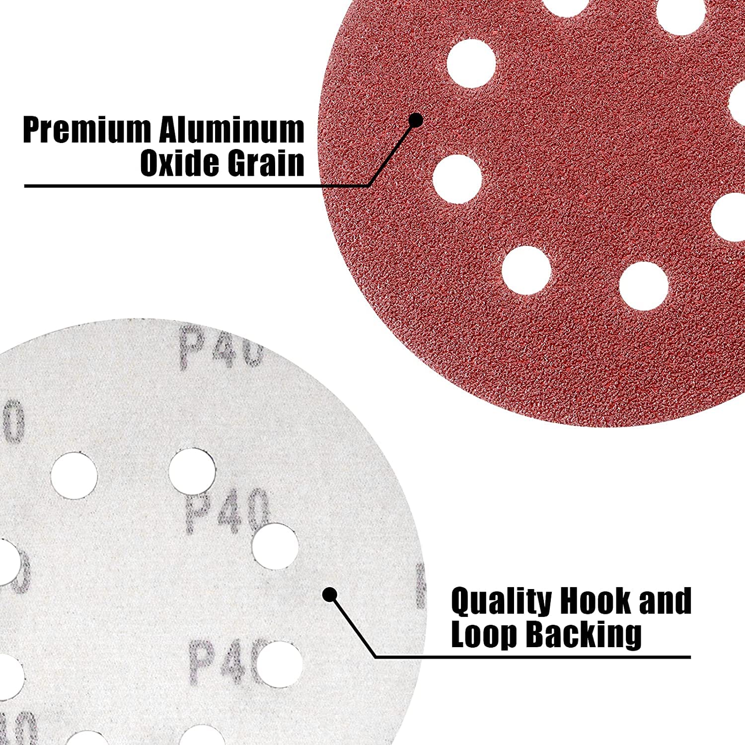 100 Pieces 5 Inch Sanding Disc 40 Grit, DRLIFE 8 Hole Sandpaper Hook and Loop Sanding Pads Round Orbital Sandpaper for Random Orbital Sander