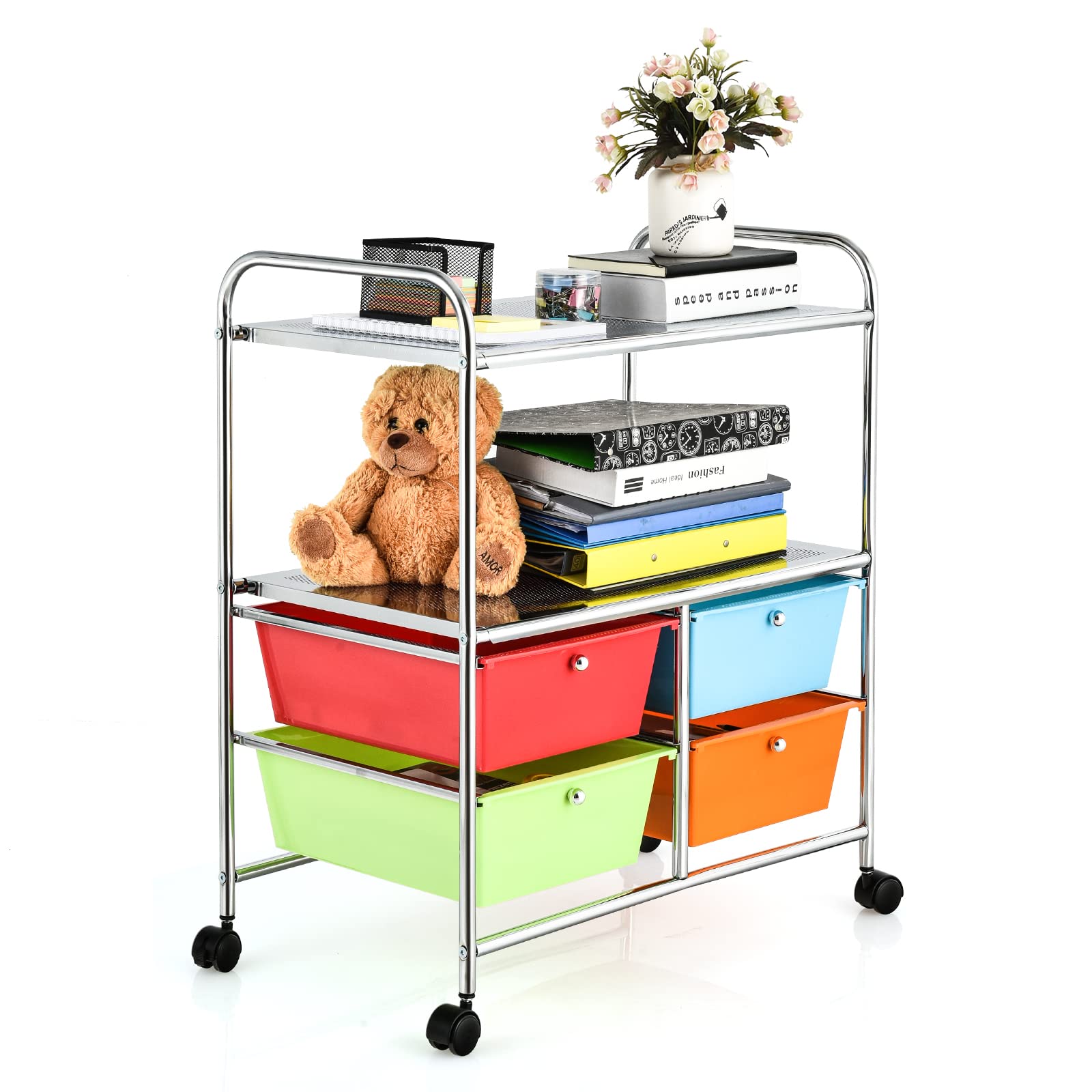 COSTWAY Rolling Storage Cart w/ 4 Drawers 2 Shelves, Home Office Utility Organizer Cart with Wheels, Mobile Storage Drawer Cart, Rolling Metal Storage Cart for Home Office Kitchen School Beauty Salon