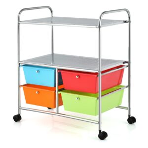 COSTWAY Rolling Storage Cart w/ 4 Drawers 2 Shelves, Home Office Utility Organizer Cart with Wheels, Mobile Storage Drawer Cart, Rolling Metal Storage Cart for Home Office Kitchen School Beauty Salon