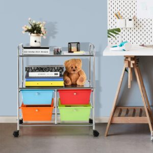 COSTWAY Rolling Storage Cart w/ 4 Drawers 2 Shelves, Home Office Utility Organizer Cart with Wheels, Mobile Storage Drawer Cart, Rolling Metal Storage Cart for Home Office Kitchen School Beauty Salon