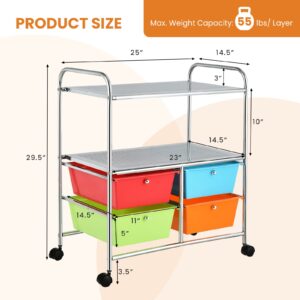 COSTWAY Rolling Storage Cart w/ 4 Drawers 2 Shelves, Home Office Utility Organizer Cart with Wheels, Mobile Storage Drawer Cart, Rolling Metal Storage Cart for Home Office Kitchen School Beauty Salon