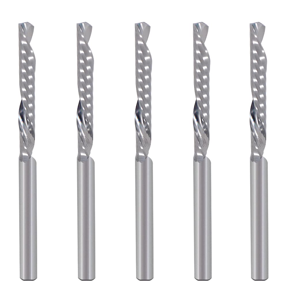 1/8 Inch Down Cut Single Flute (O Flute) Spiral End Mill CNC Router Bits ,with 1/8 Inch Cutting Dia，1 Inch Cutting Length for Acrylic PVC MDF Wood Pack of 5