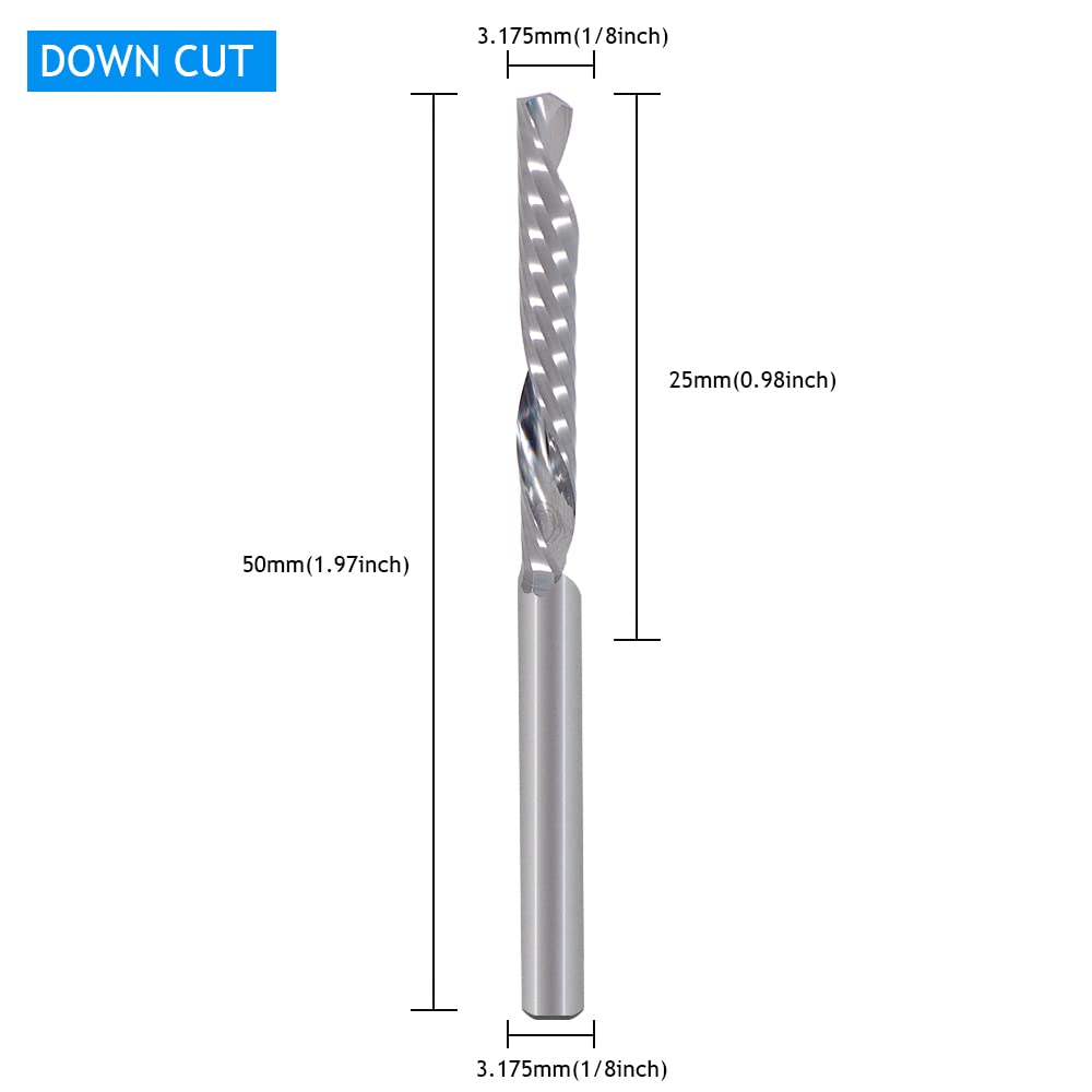 1/8 Inch Down Cut Single Flute (O Flute) Spiral End Mill CNC Router Bits ,with 1/8 Inch Cutting Dia，1 Inch Cutting Length for Acrylic PVC MDF Wood Pack of 5