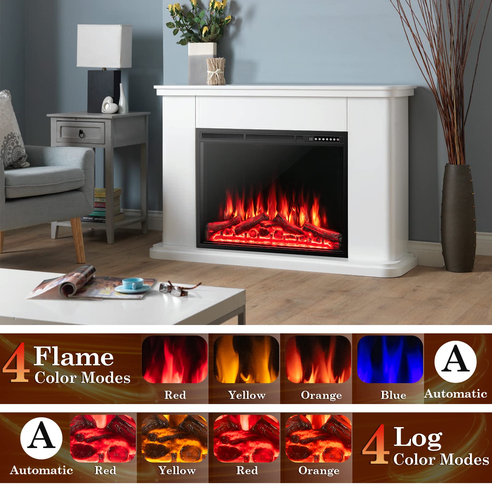 Tangkula 34 Inches Electric Fireplace Insert, Recessed and Freestanding Fireplace Heater with Touch Panel, Remote Control, Overheat Protection, 4 Flame Colors, 4 Log Colors, 750W/1500W